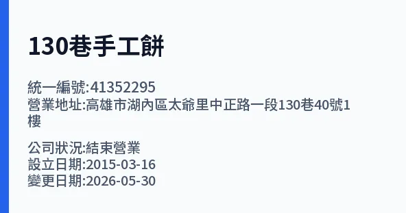 130巷手工餅的照片-統編 41352295(高雄市) 公司登記資料與營業項目詳細圖表