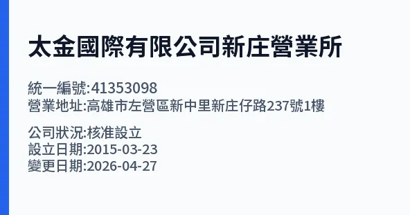 太金國際有限公司新庄營業所的照片-統編 41353098(高雄市) 公司登記資料與營業項目詳細圖表