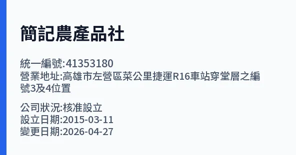 簡記農產品社的照片-統編 41353180(高雄市) 公司登記資料與營業項目詳細圖表