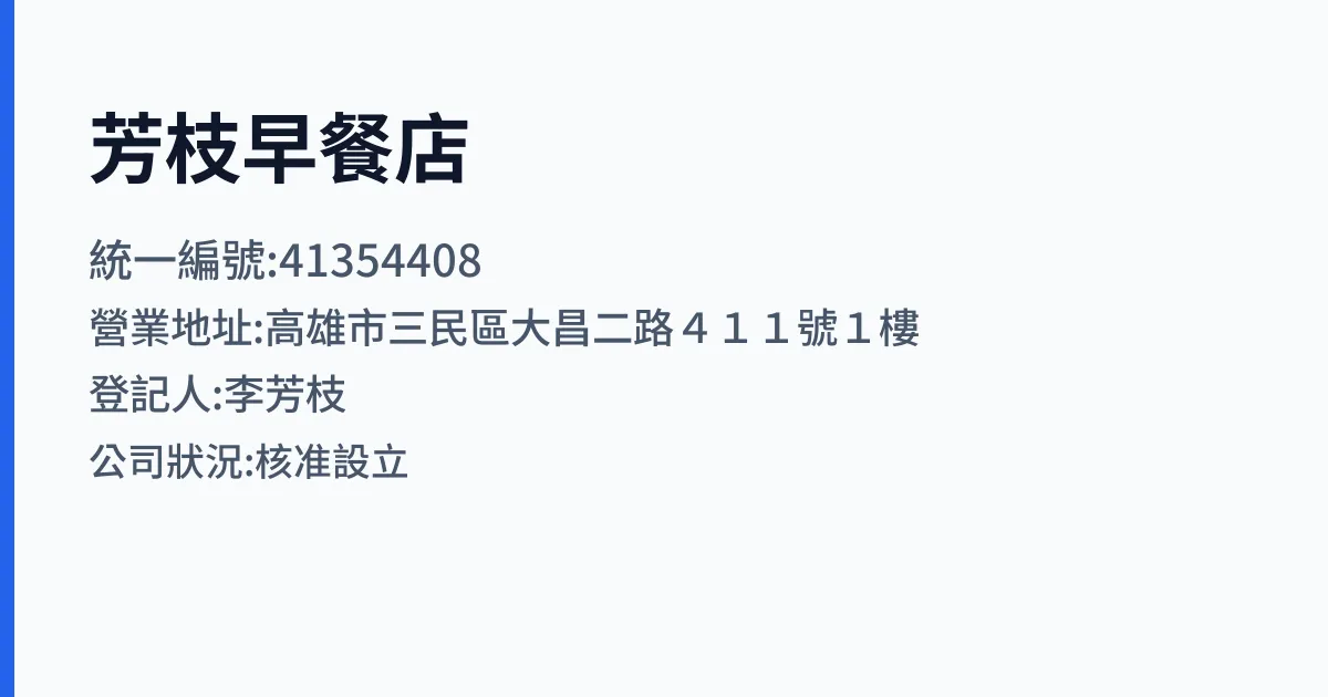 芳枝早餐店 - 統編 41354408(高雄市) 公司登記資料與營業項目詳細圖表