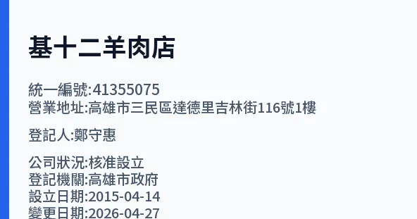 基十二羊肉店的照片-統編 41355075(高雄市) 公司登記資料與營業項目詳細圖表