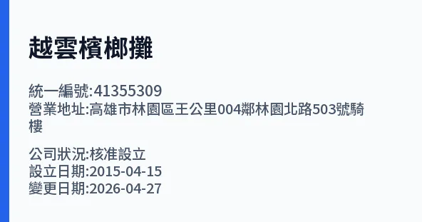 越雲檳榔攤的照片-統編 41355309(高雄市) 公司登記資料與營業項目詳細圖表