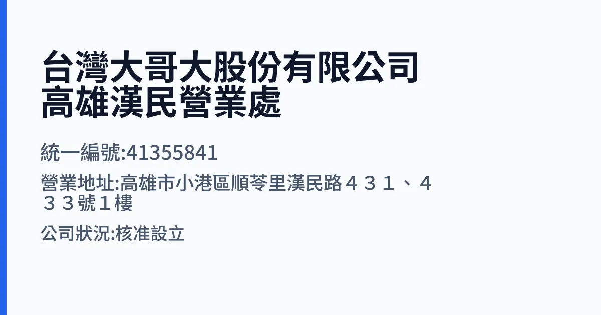 台灣大哥大股份有限公司高雄漢民營業處 - 統編 41355841(高雄市) 公司登記資料與營業項目詳細圖表