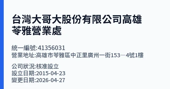 台灣大哥大股份有限公司高雄苓雅營業處的照片-統編 41356031(高雄市) 公司登記資料與營業項目詳細圖表