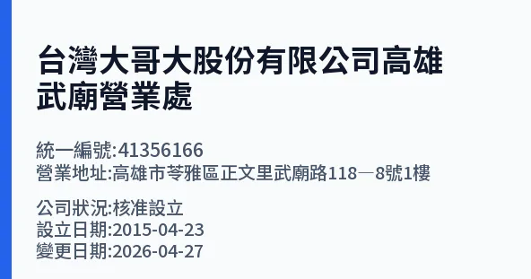 台灣大哥大股份有限公司高雄武廟營業處的照片-統編 41356166(高雄市) 公司登記資料與營業項目詳細圖表