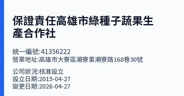 保證責任高雄市綠種子蔬果生產合作社的照片-統編 41356222(高雄市) 公司登記資料與營業項目詳細圖表