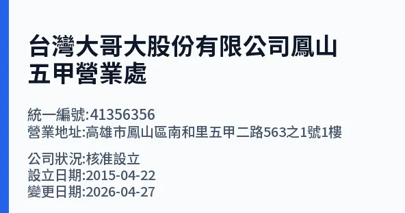 台灣大哥大股份有限公司鳳山五甲營業處的照片-統編 41356356(高雄市) 公司登記資料與營業項目詳細圖表