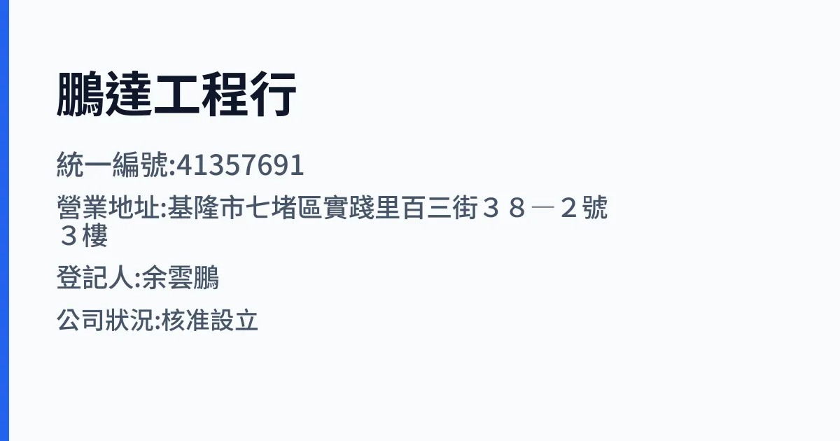 鵬達工程行 - 統編 41357691(基隆市) 公司登記資料與營業項目詳細圖表