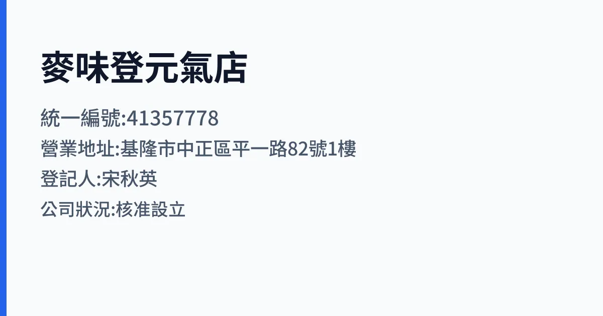 麥味登元氣店 - 統編 41357778(基隆市) 公司登記資料與營業項目詳細圖表