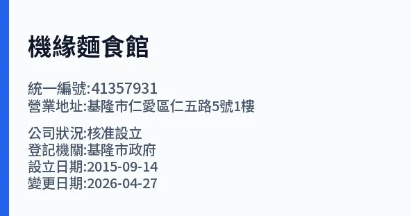 機緣麵食館的照片-統編 41357931(基隆市) 公司登記資料與營業項目詳細圖表