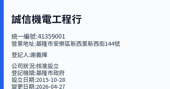 誠信機電工程行的照片-統編 41359001(基隆市) 公司登記資料與營業項目詳細圖表