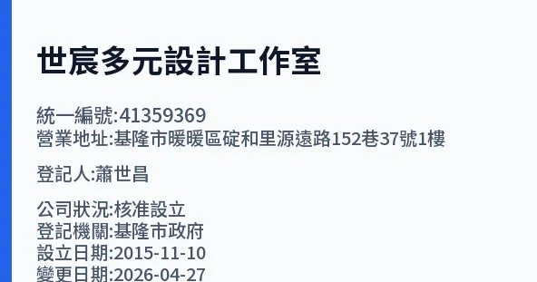 世宸多元設計工作室的照片-統編 41359369(基隆市) 公司登記資料與營業項目詳細圖表