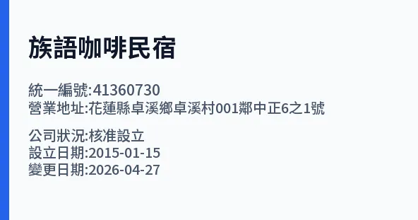 族語咖啡民宿的照片-統編 41360730(花蓮縣) 公司登記資料與營業項目詳細圖表