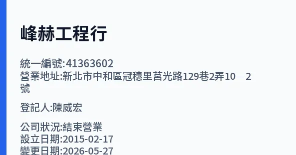 峰赫工程行的照片-統編 41363602(新北市) 公司登記資料與營業項目詳細圖表