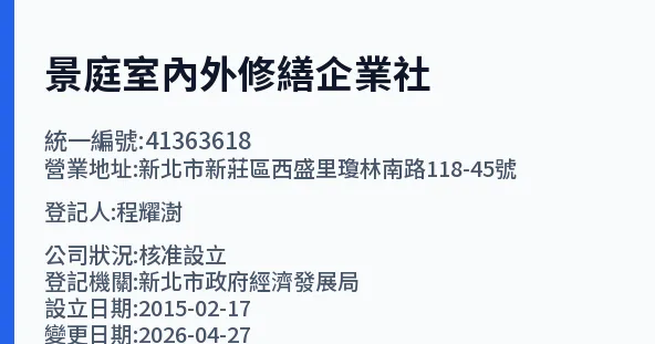 景庭室內外修繕企業社的照片-統編 41363618(新北市) 公司登記資料與營業項目詳細圖表