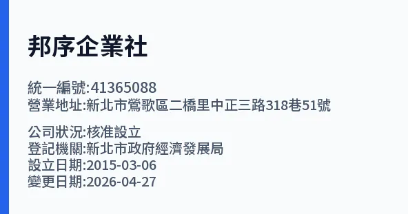 邦序企業社的照片-統編 41365088(新北市) 公司登記資料與營業項目詳細圖表