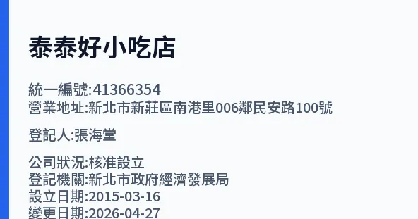 泰泰好小吃店的照片-統編 41366354(新北市) 公司登記資料與營業項目詳細圖表