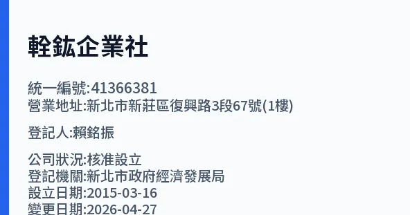 輇鈜企業社的照片-統編 41366381(新北市) 公司登記資料與營業項目詳細圖表