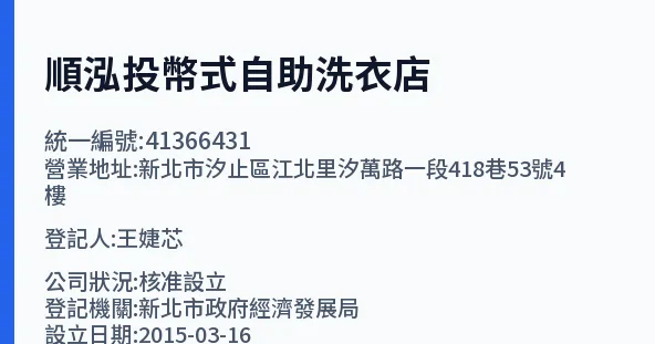 順泓投幣式自助洗衣店的照片-統編 41366431(新北市) 公司登記資料與營業項目詳細圖表
