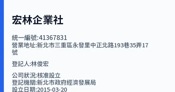 宏林企業社的照片-統編 41367831(新北市) 公司登記資料與營業項目詳細圖表