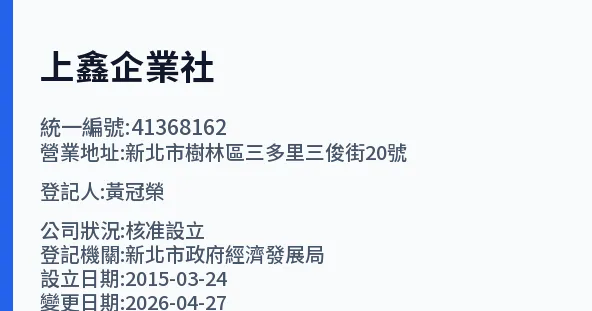 上鑫企業社的照片-統編 41368162(新北市) 公司登記資料與營業項目詳細圖表