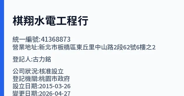 棋翔水電工程行的照片-統編 41368873(新北市) 公司登記資料與營業項目詳細圖表