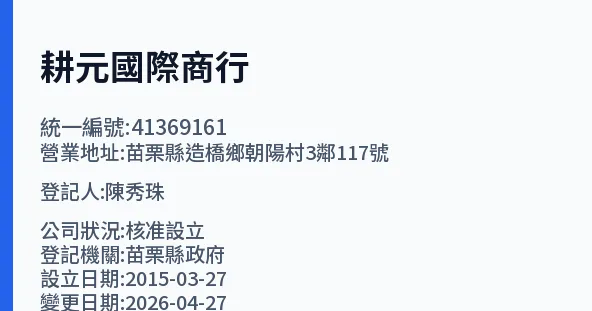 耕元國際商行的照片-統編 41369161(苗栗縣) 公司登記資料與營業項目詳細圖表