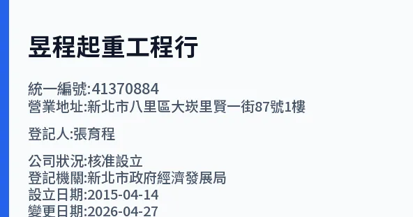昱程起重工程行的照片-統編 41370884(新北市) 公司登記資料與營業項目詳細圖表