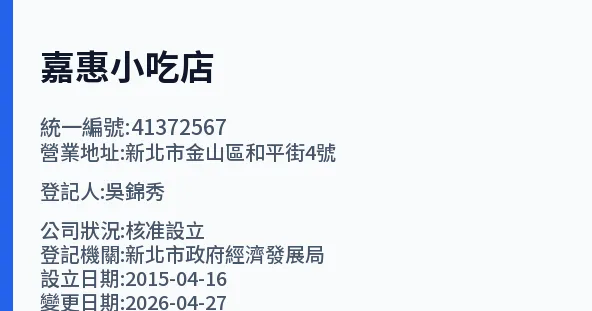 嘉惠小吃店的照片-統編 41372567(新北市) 公司登記資料與營業項目詳細圖表