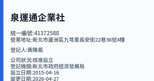 泉運通企業社的照片-統編 41372588(新北市) 公司登記資料與營業項目詳細圖表