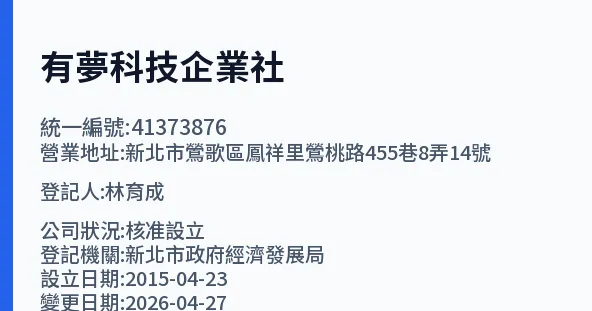 有夢科技企業社的照片-統編 41373876(新北市) 公司登記資料與營業項目詳細圖表