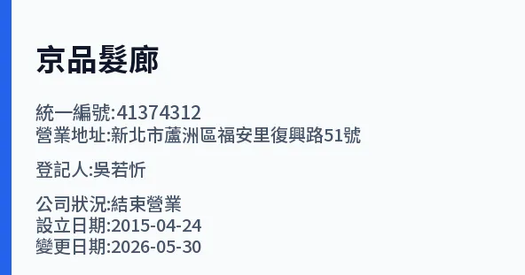 京品髮廊的照片-統編 41374312(新北市) 公司登記資料與營業項目詳細圖表