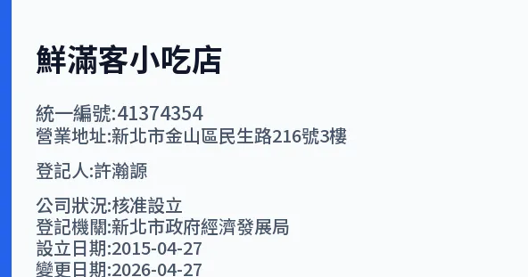 鮮滿客小吃店的照片-統編 41374354(新北市) 公司登記資料與營業項目詳細圖表