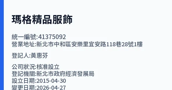 瑪格精品服飾的照片-統編 41375092(新北市) 公司登記資料與營業項目詳細圖表