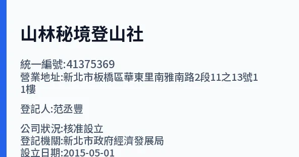 山林秘境登山社的照片-統編 41375369(新北市) 公司登記資料與營業項目詳細圖表