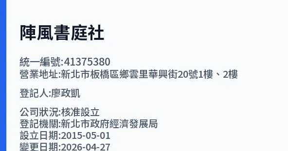 陣風書庭社的照片-統編 41375380(新北市) 公司登記資料與營業項目詳細圖表