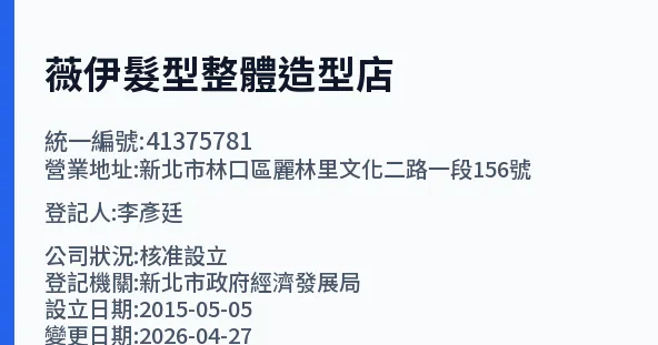 薇伊髮型整體造型店的照片-統編 41375781(新北市) 公司登記資料與營業項目詳細圖表