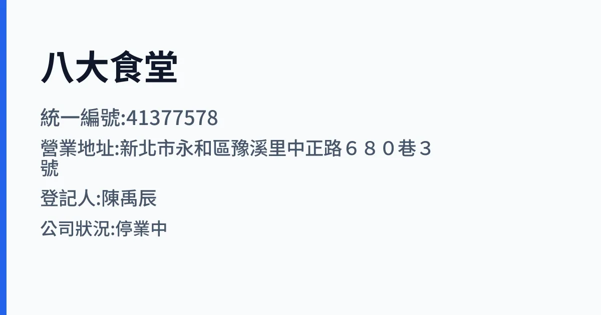 八大食堂 - 統編 41377578(新北市) 公司登記資料與營業項目詳細圖表