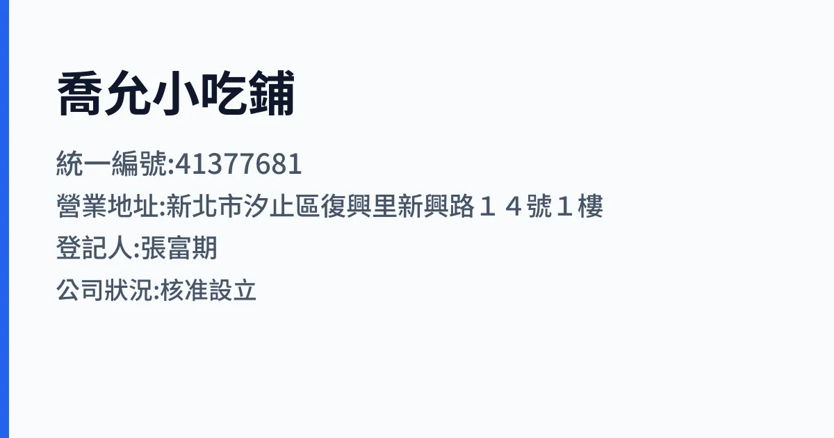 喬允小吃鋪 - 統編 41377681(新北市) 公司登記資料與營業項目詳細圖表