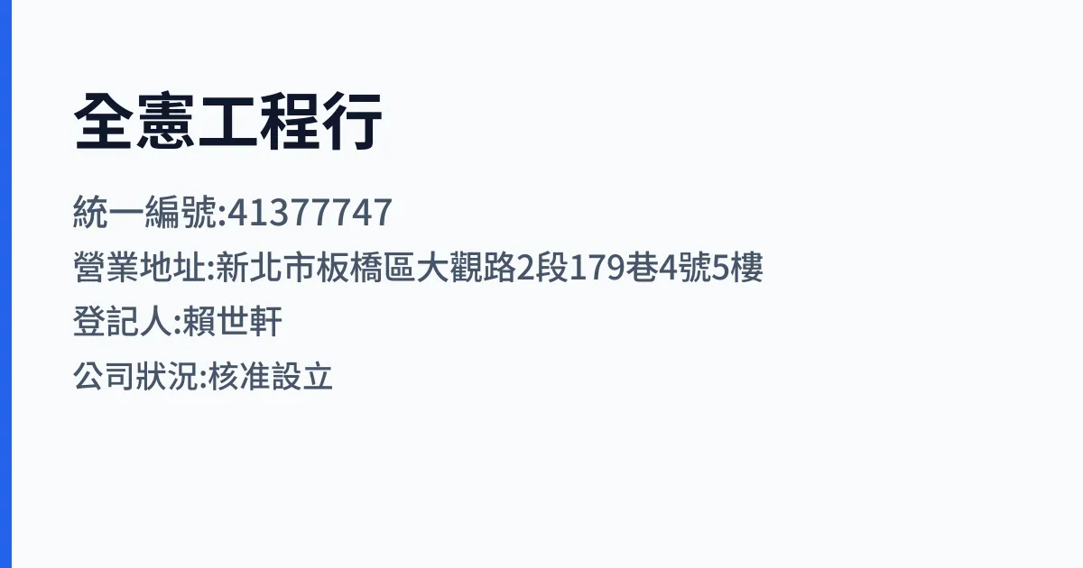 全憲工程行 - 統編 41377747(新北市) 公司登記資料與營業項目詳細圖表
