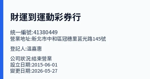 財運到運動彩券行的照片-統編 41380449(新北市) 公司登記資料與營業項目詳細圖表