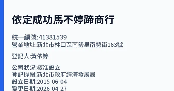 依定成功馬不婷蹄商行的照片-統編 41381539(新北市) 公司登記資料與營業項目詳細圖表