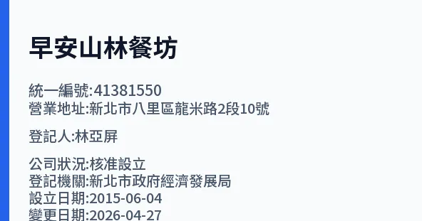 早安山林餐坊的照片-統編 41381550(新北市) 公司登記資料與營業項目詳細圖表