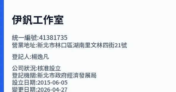 伊釩工作室的照片-統編 41381735(新北市) 公司登記資料與營業項目詳細圖表
