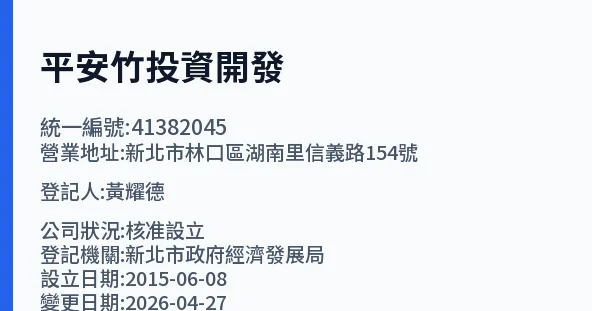 平安竹投資開發的照片-統編 41382045(新北市) 公司登記資料與營業項目詳細圖表