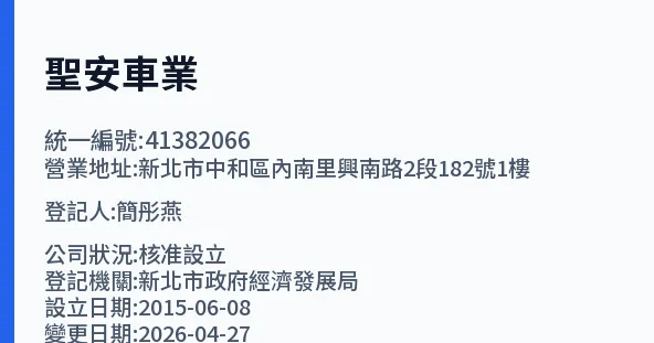 聖安車業的照片-統編 41382066(新北市) 公司登記資料與營業項目詳細圖表