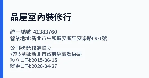 品屋室內裝修行的照片-統編 41383760(新北市) 公司登記資料與營業項目詳細圖表