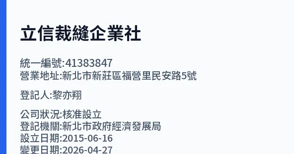 立信裁縫企業社的照片-統編 41383847(新北市) 公司登記資料與營業項目詳細圖表