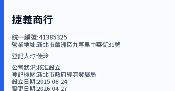 捷義商行的照片-統編 41385325(新北市) 公司登記資料與營業項目詳細圖表