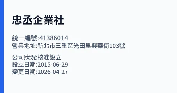 忠丞企業社的照片-統編 41386014(新北市) 公司登記資料與營業項目詳細圖表